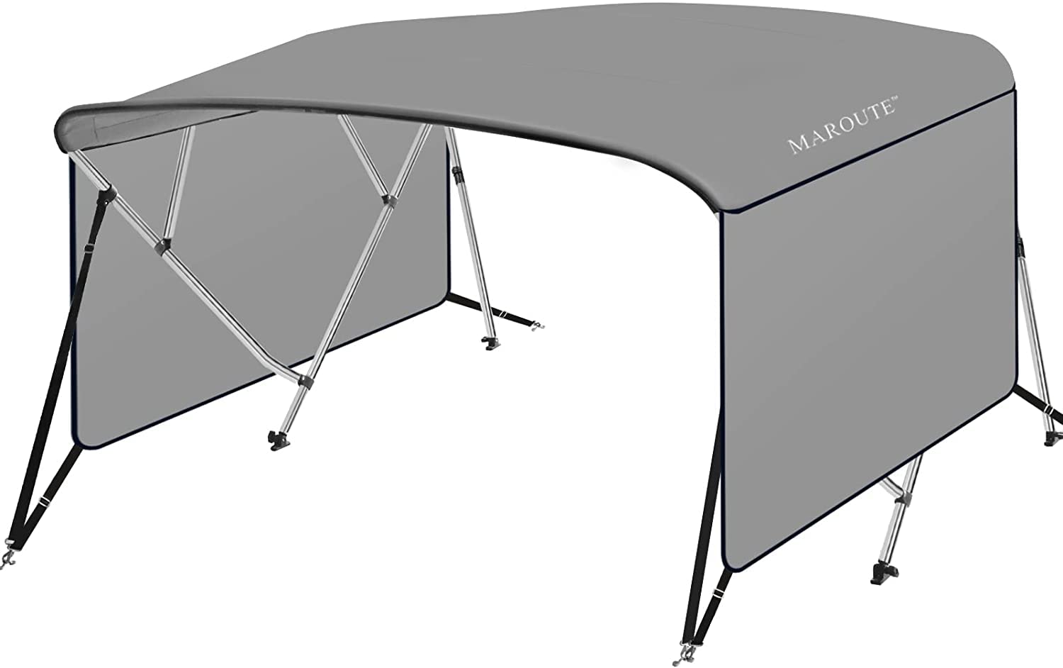 MAROUTE 3 Bow Bimini Top Boat Cover with 1” Aluminum Alloy Frame, Includes 2 Straps, 2 Adjustable Rear Support Poles with Zippered Storage Boot and PU Coating Canvas (6'L x 46" H x 67"-72" W, Grey)