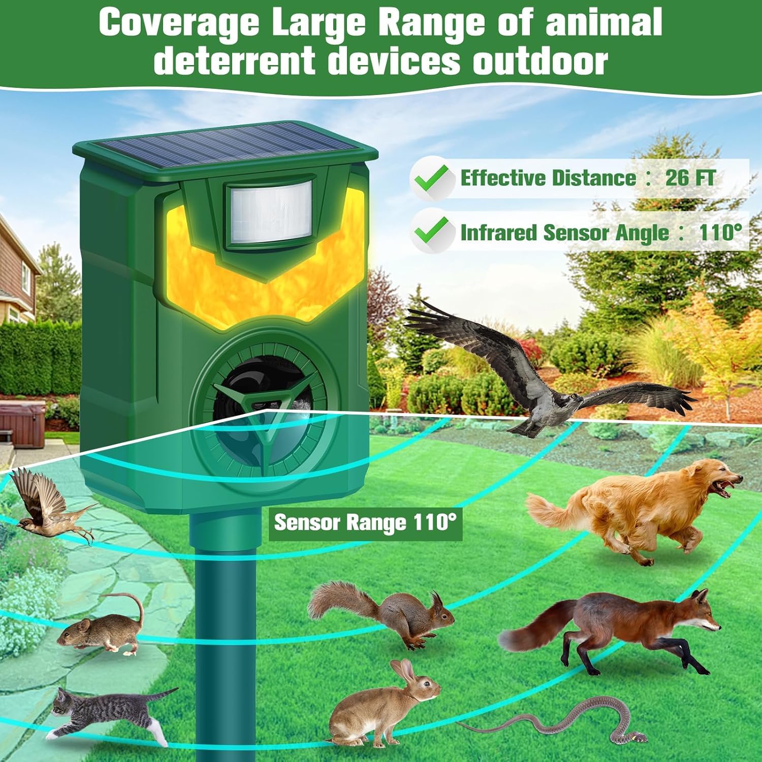 Ultrasonic Animal Repeller, 2024 Upgraded Cat Scarer Devices with Flame Light, Solar Powered Deer Repellent for Garden Outdoor with Motion Sensor, Repel Dogs Bird Skunk Rabbit Squirrels Raccoon