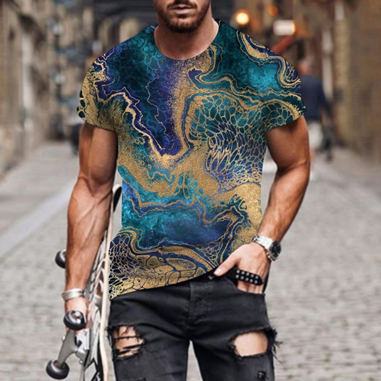Mens Graphic Tees,Short Sleeve Shirts for Men Casual Summer Graffiti Print Crewneck T Shirt Workout Tee Tops Blue