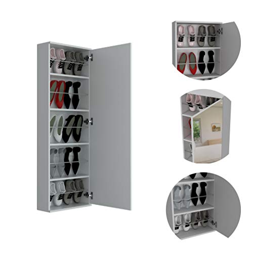 Tuhome Leto Mirror Door Wall Mounted Shoe Rack, 10-Pair Capacity, Light Grey
