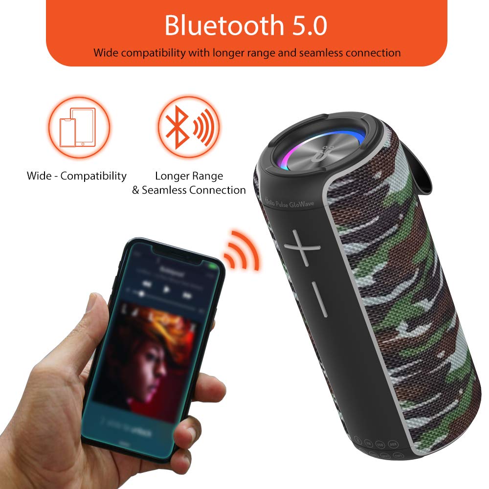 IPX 7 Waterproof Uolo Pulse Glowave Bluetooth & FM Radio Portable Wireless Speaker [16W] Stereo Sound, 24+ Hours Playtime, Built-in Mic & LED colors Lights-Compatible for iPhone, Samsung [Camo]