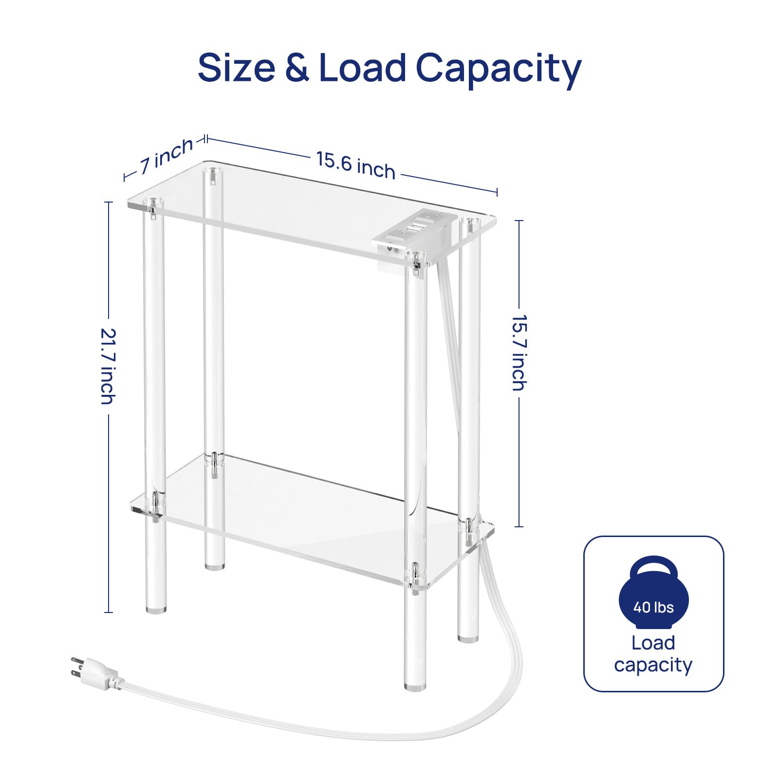 HMYHUM Acrylic Narrow Side Table with Charging Station, 7" Width, 2 Tier Small End Table for Small Spaces, Skinny Nightstand/Bedside Table with USB Ports & Outlet, Clear
