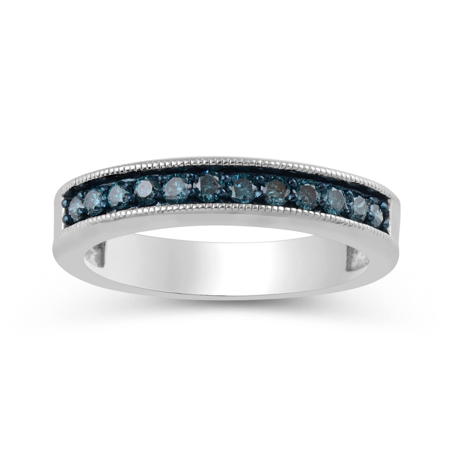 Jewelili Sterling Silver 1/3 Cttw Round Shape Blue Diamond Ring, Size 7