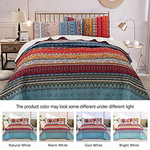 WONGS BEDDING Bohemian Quilt Set California King, Boho Striped Pattern Printed Quilt Coverlet for All Season, Soft Microfiber Boho Bedspread Set 96"x106"(3 Pieces, Cal King)