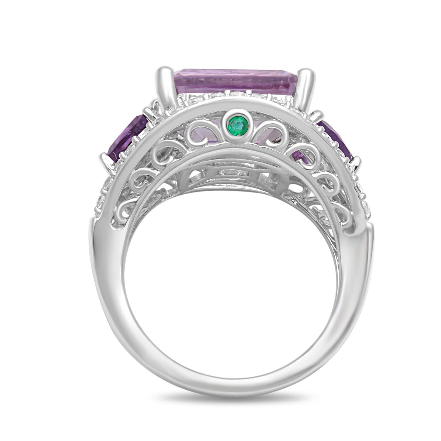 Jewelili Sterling Silver 12x10MM Octagon and 5MM Trillion Amethyst with 1.5MM Round Emerald and White Topaz Three Stone Ring, Size 7