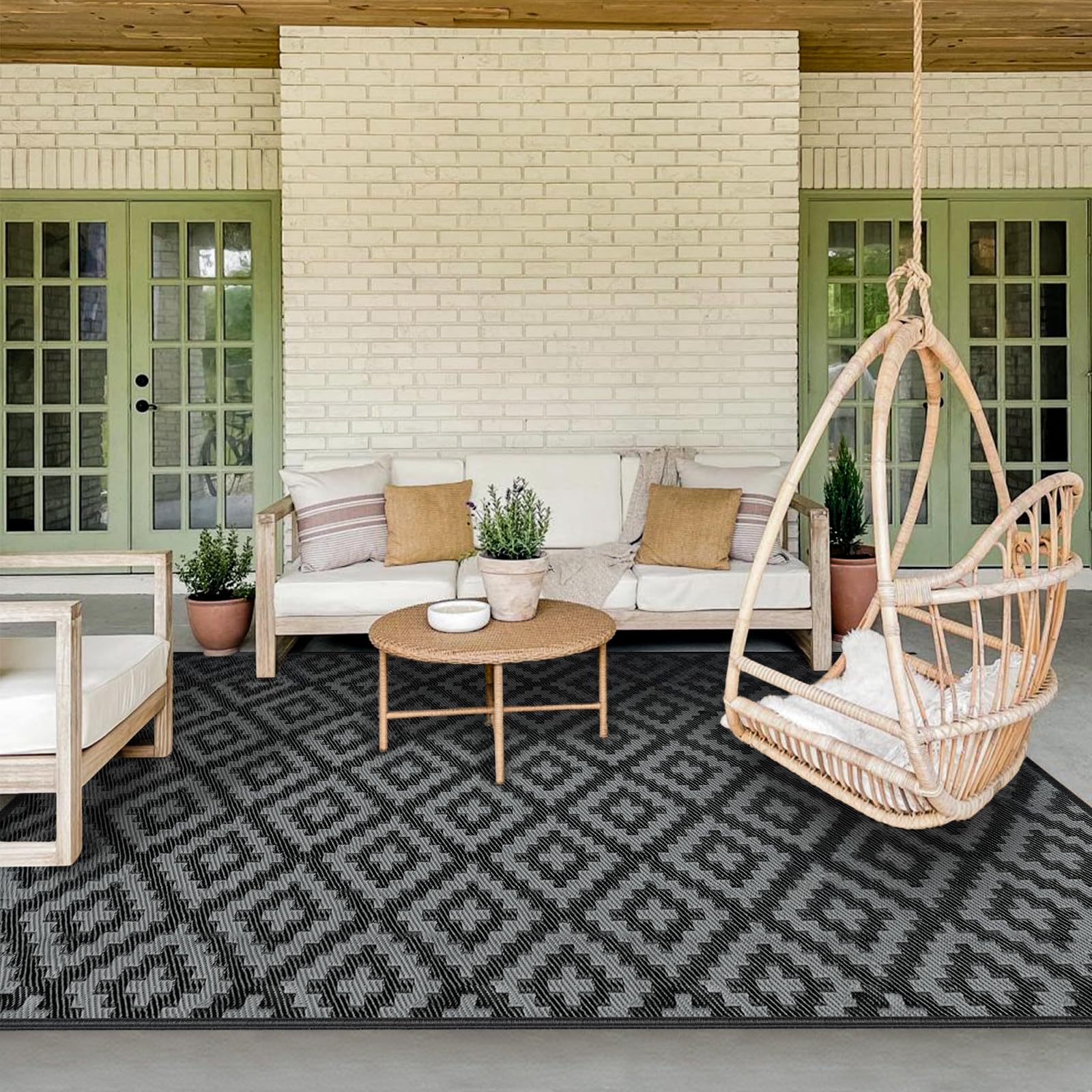 Kalafun Outdoor Patio Rug, Waterproof Area Rug for Patios, Plastic Straw Carpet, 4x6 ft, Blue Grey