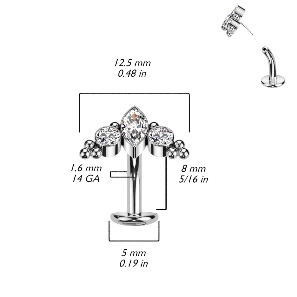 Pierced Owl 14GA F136 Implant Grade Titanium Threadless Convex Base CZ Crystal Marquise and Ball Clusters Floating Belly Button Ring (Clear)