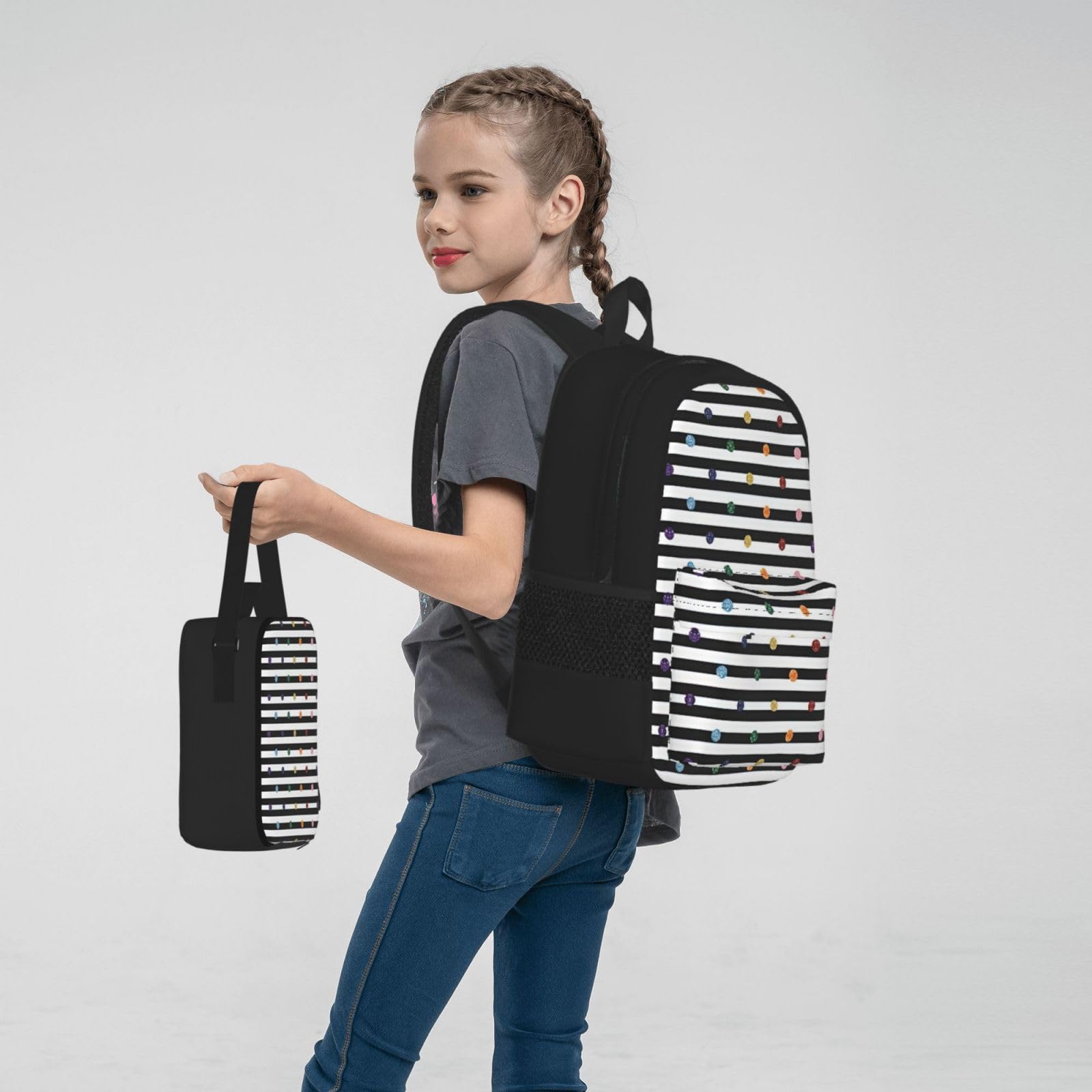KoNsev 3pcs Backpack Sets,Rainbow Polka Dot Stripe Black And White Printed Backpacks Set With Lunch Bag Pencil Pouch