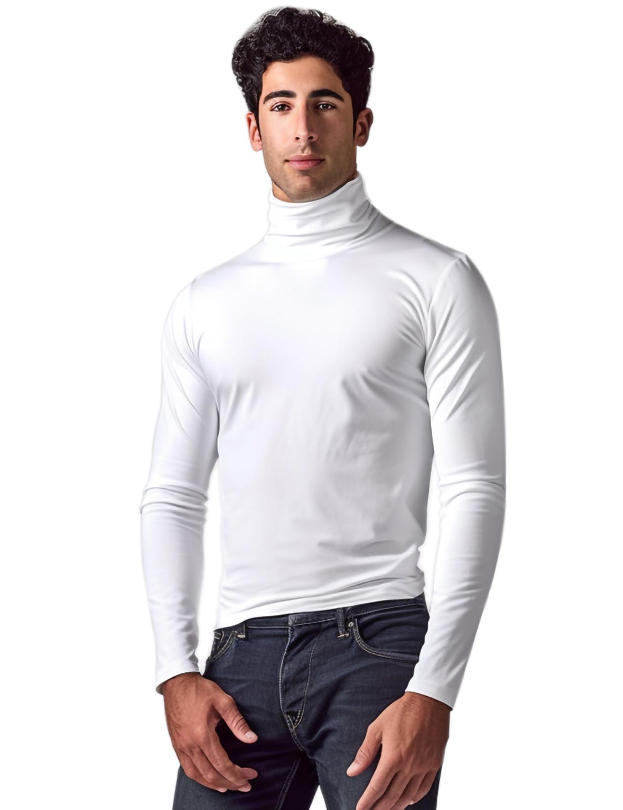 Mens Long Sleeve Turtleneck T Shirt, Slim Fit Thermal Underwear Turtle Neck White Pullovers Shirts for Men Casual Basic Pullover Tops Size L