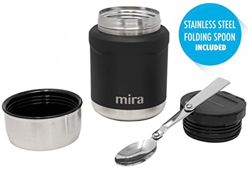 MIRA Thermos for Hot Food & Soup - 15 oz Insulated Food Jar with Foldable Spoon - Leak Proof Stainless Steel Thermal Storage Lunch Container, Canteen, Double Walled, Black