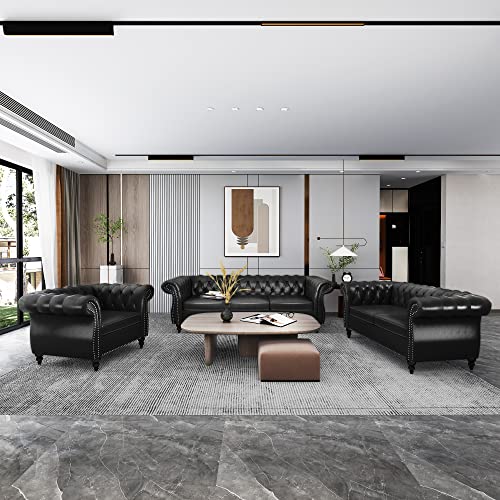 wirrytor Chesterfield Classic Sofa, Modern Leather 3 Seater Sofa, Upholstered Tufted Back Settee Couch with Rolled Arms Nailhead Trim for Living Room Bedroom(Black)