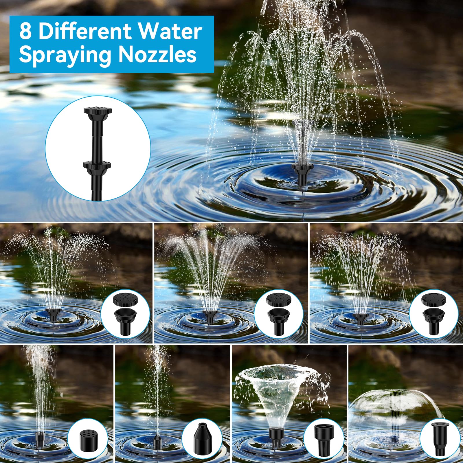 POPOSOAP Solar Fountain Pump with 3000mAh Battery Backup, 8W Solar Powered Bird Bath Fountain with Dry-run Protection & Double-layer Nozzles 5Ft Tubing for Pond, Bird Bath, Backyard Water Feature