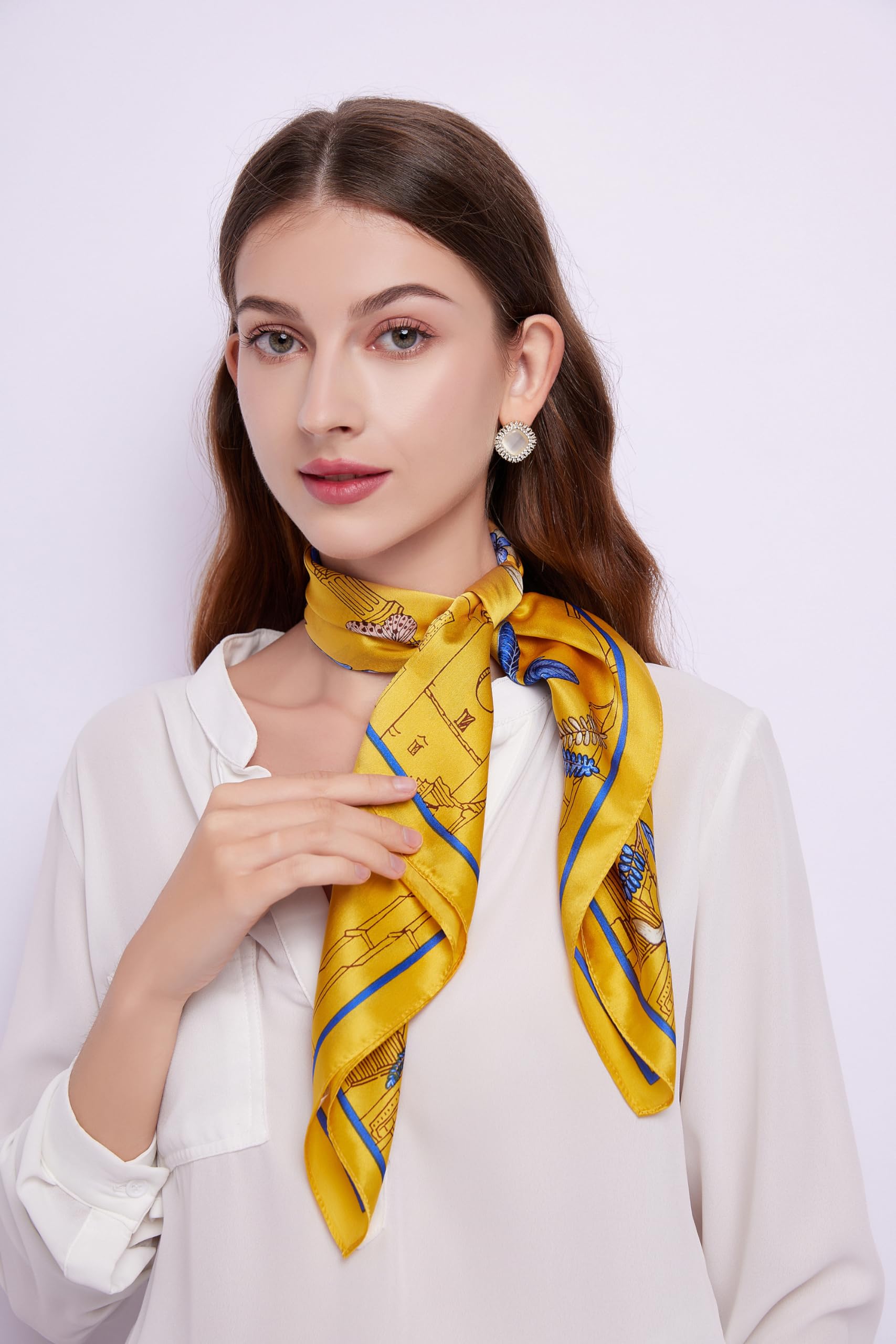 STARWHISPER 100% Pure Mulberry Silk Square Scarf-27''x27 Lightweight Neckerchief Hair Scarves Headscarf Night Sleeping with Gift Packed (Yellow Blue morning glory)