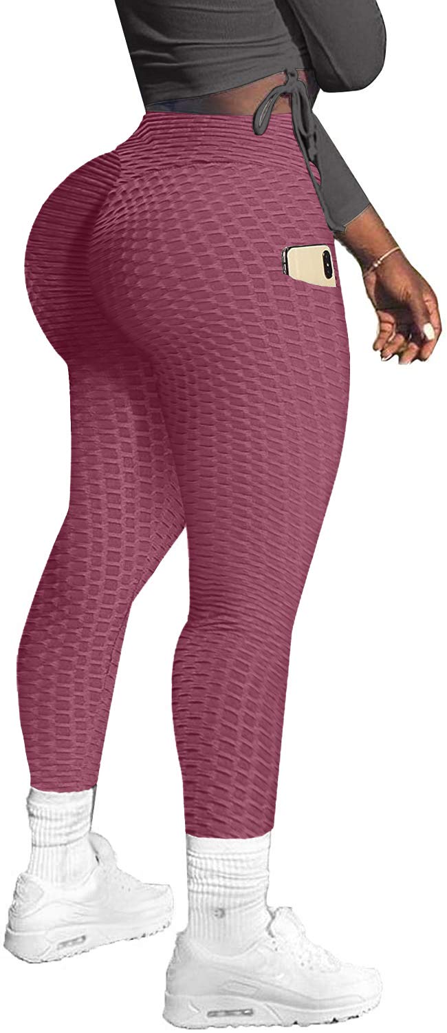 Memoryee Women's High Waist Yoga Pants Butt Lifting Slim Leggings with Pockets/Bean Paste/L