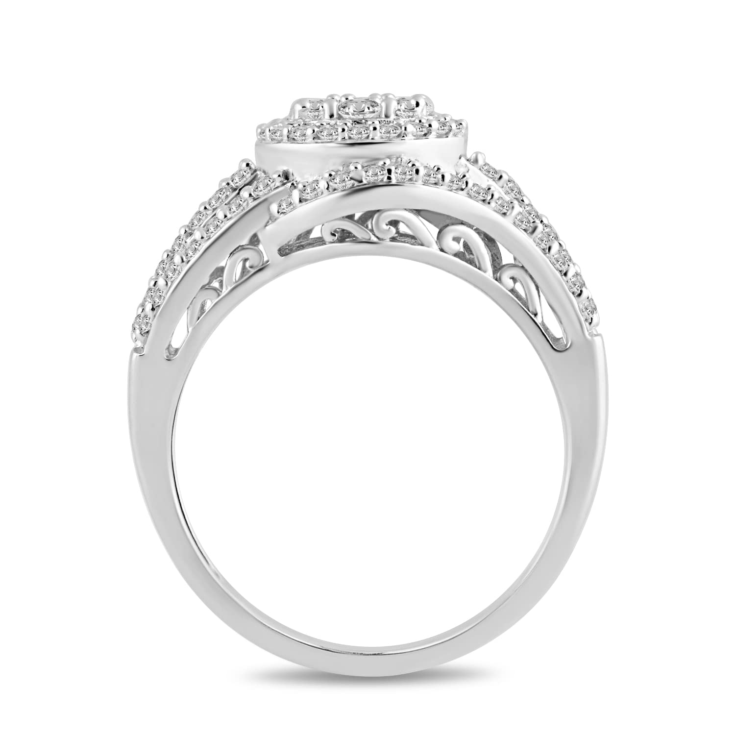 Jewelili 10K White Gold 1 Cttw Natural White Round and Baguette Diamonds Cluster Ring, Size 7