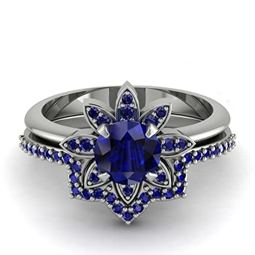 Jewelryonclick 925 Sterling Silver Ring Created Blue Sapphire Minimalist Flower Bridal Set Stacking Wedding Jewelry Easy to Wear Engagement Oranments for Womens Size : 6