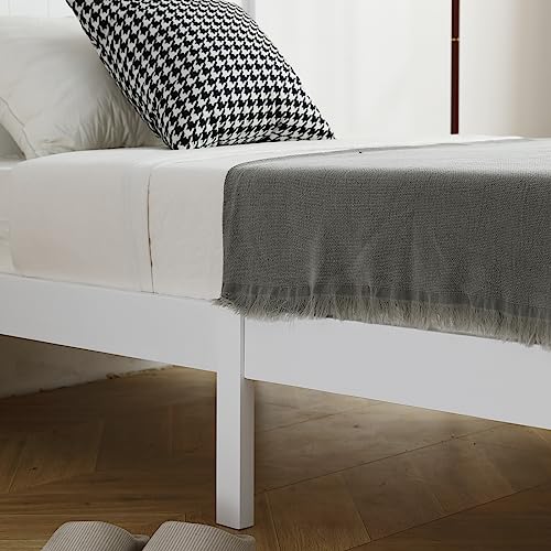 TOVRON Wood Bed Frame Twin Size with Curved Headborad and Footboard White Platform Bed with Wood Slat Single Panel Bed with Extra Support, No Box Spring Needed