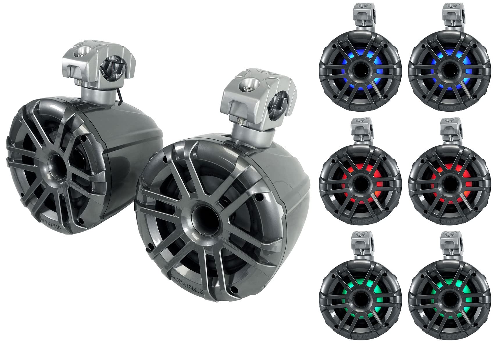 Memphis Audio 4 MXA62TG 6.5" Marine Wakeboard Tower Speakers/LED+Swivel Grey Bundle with Rockville RGHR51 5 Zone Single Din Marine Receiver (5 Items)