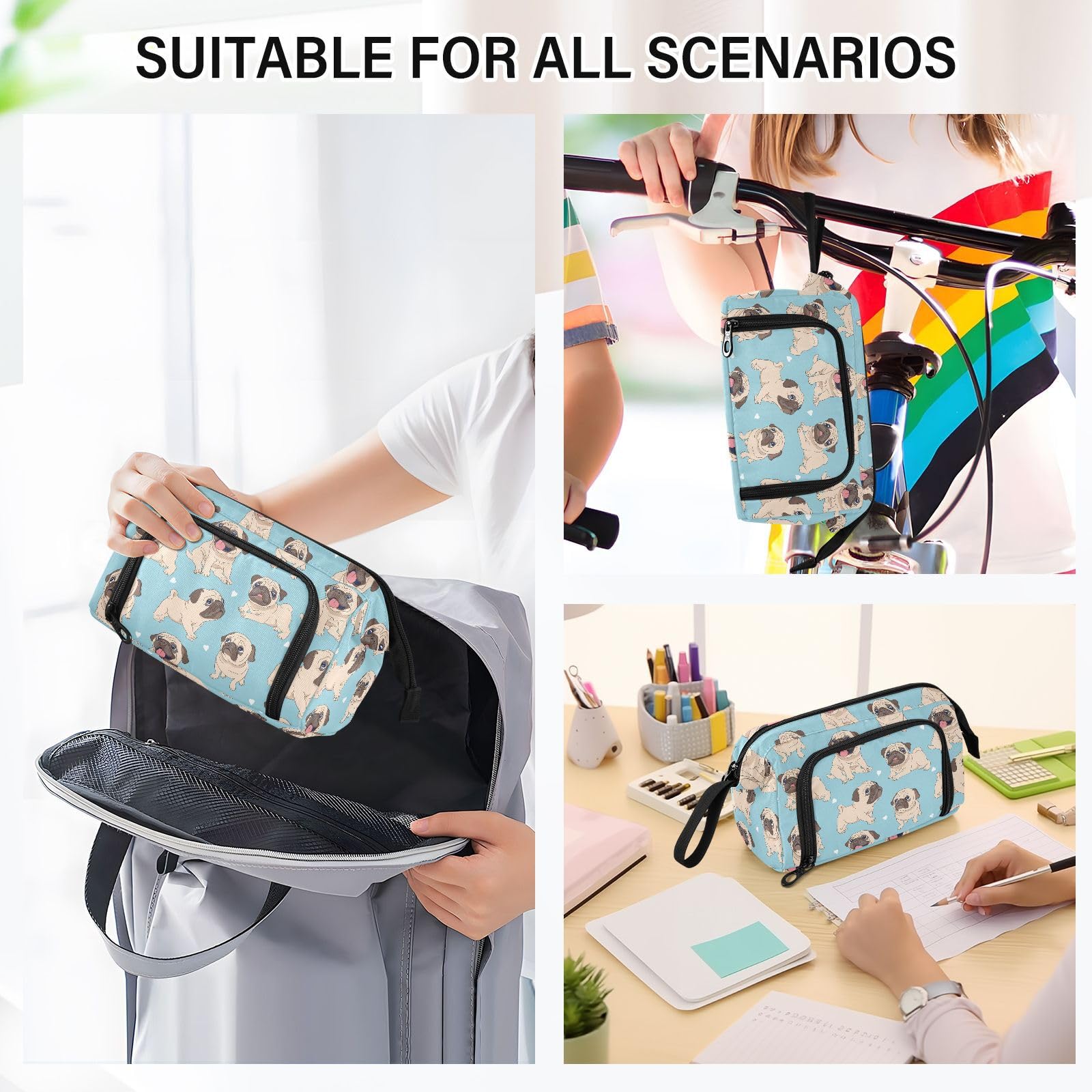 YMGQYJ Large Capacity Pencil Case Funny Cartoon Pugs Puppies Pattern, Stationery Organizer Pencil Pouch Bag for Office Travel 1 Pack 9.4x3.7x5.9 in