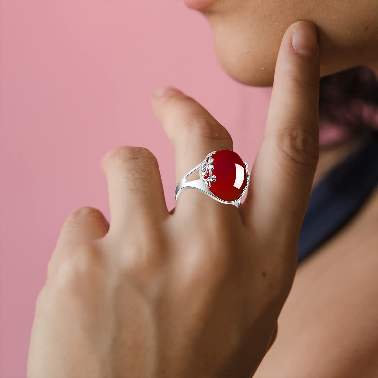 Onyx Stone S925 Sterling Silver Rings for Women,Natural Solid Agate Ring for Women,Adjustable Handmade Mens Turkish Ring Jewelry, Silver, Agate