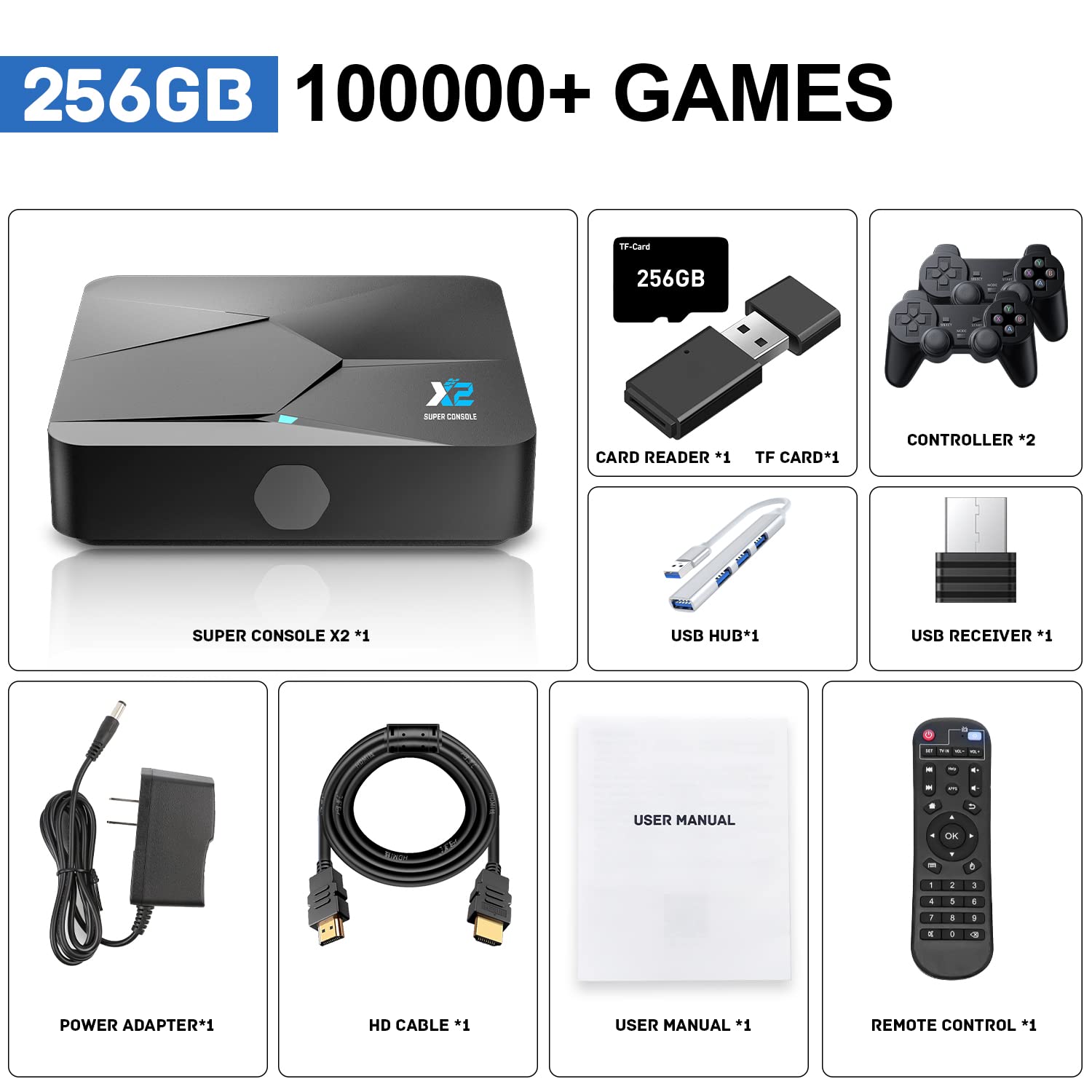 Retro Game Console Super Console X2 with 100,000+Games,Video Game Console with EmuElec 4.5&Android TV 9.0 System,Plug&Play 4K HD Emulator Console Compatible with Most Emulators,2.4+5G,BT 5.0 (256GB)