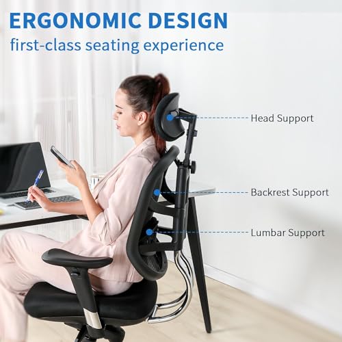 WAFTING Office Chair, Large and Tall Desk Chair, Adjustable Backrest Computer Chair with Thick Seat Cushion, 3D Adjustable Headrest, Lumbar Support and Armrest,Home Office Ergonomic Chair Black