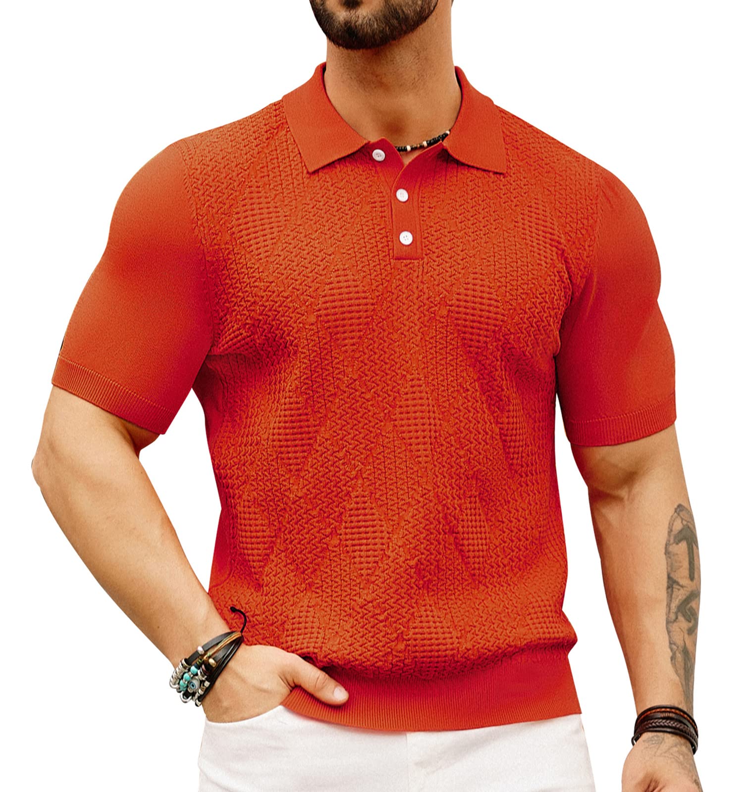 Mens Texture Knit Polo Shirt Vintage Casual Button Down Golf Shirt Orange Red L