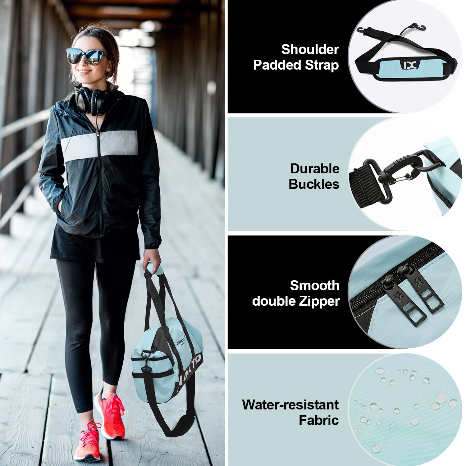 Inoxto gym bag, Small Sport Duffel bag for Women, Weekender Overnight Bag with Adjustable Shoulder Straps (light green)