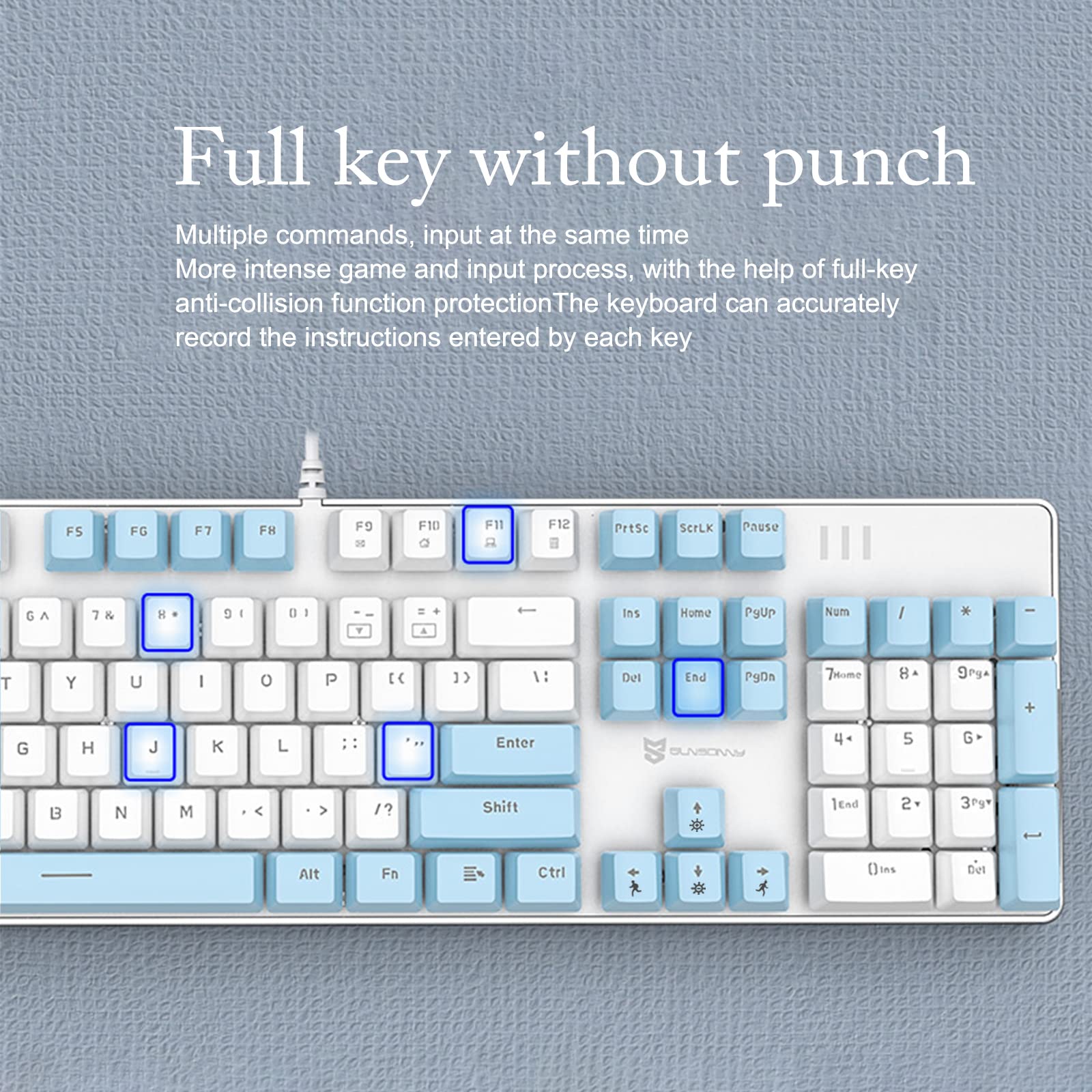 Mechanical Gaming Keyboard 104 Keys Mixed Color with Blue LED Backlit Wired USB Anti-Ghosting Keys Ergonomic Design Metal Panel Keyboard for PC Mac Laptop (Brown Switch, Blue White)