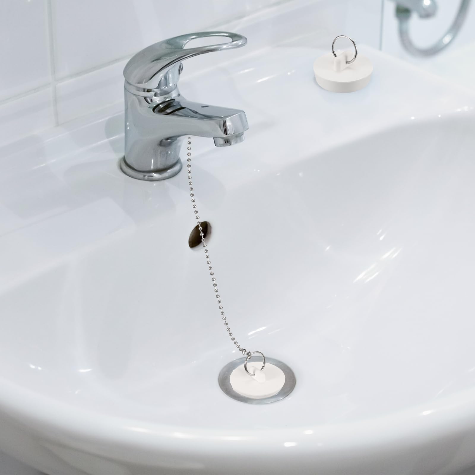 uxcell 2 Pcs Tub Stoppers, Rubber Bathtub Stoppers 1-1/4" Kitchen Sink Drain Stopper, Bathroom Drain Plug with Pull Ring and 15" Beaded Chain, White