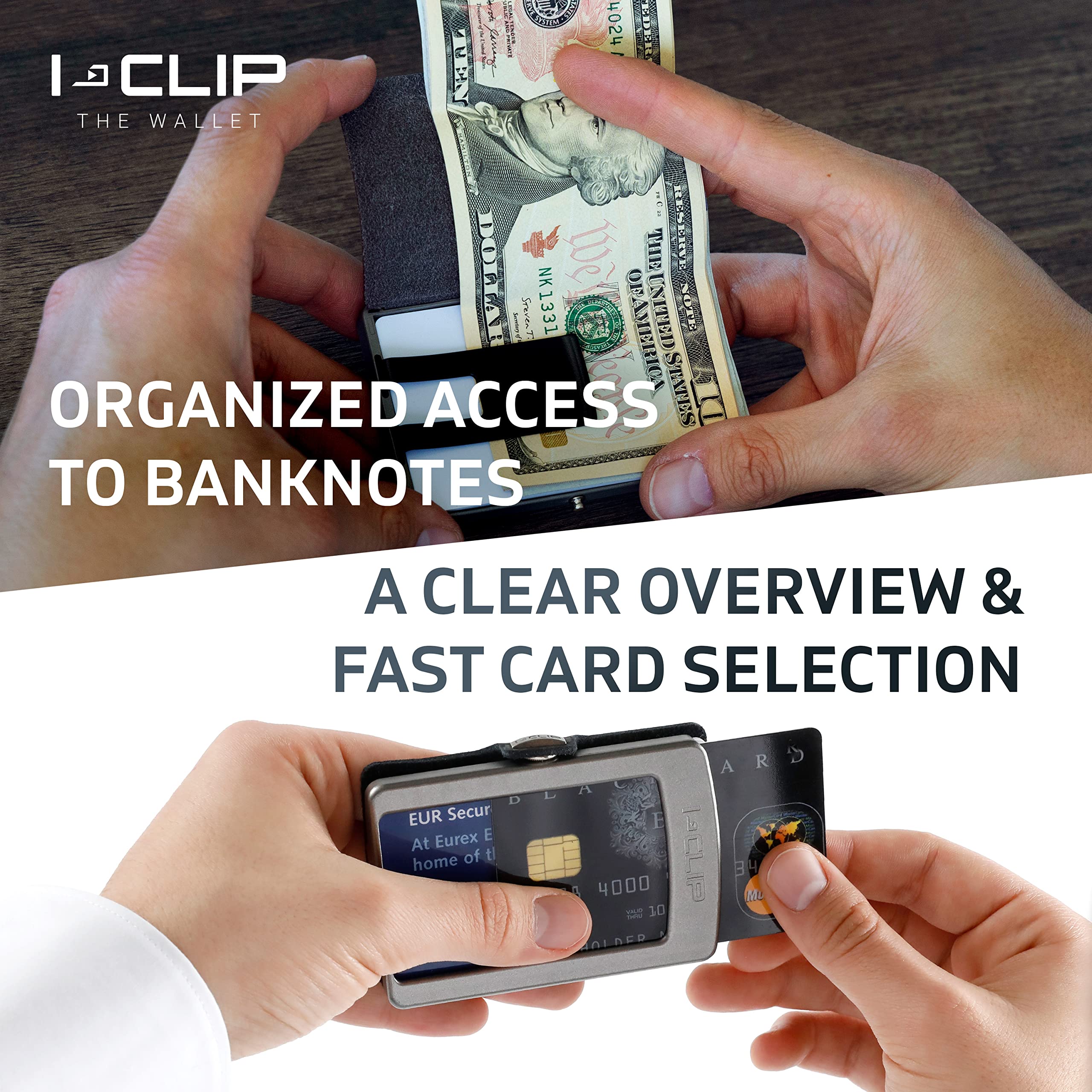 I-CLIP Original Mini Wallet with Moneyclip - Slim Wallet - Leather Wallet - Premium Wallet - Cardholder- AdvantageR Silver Black