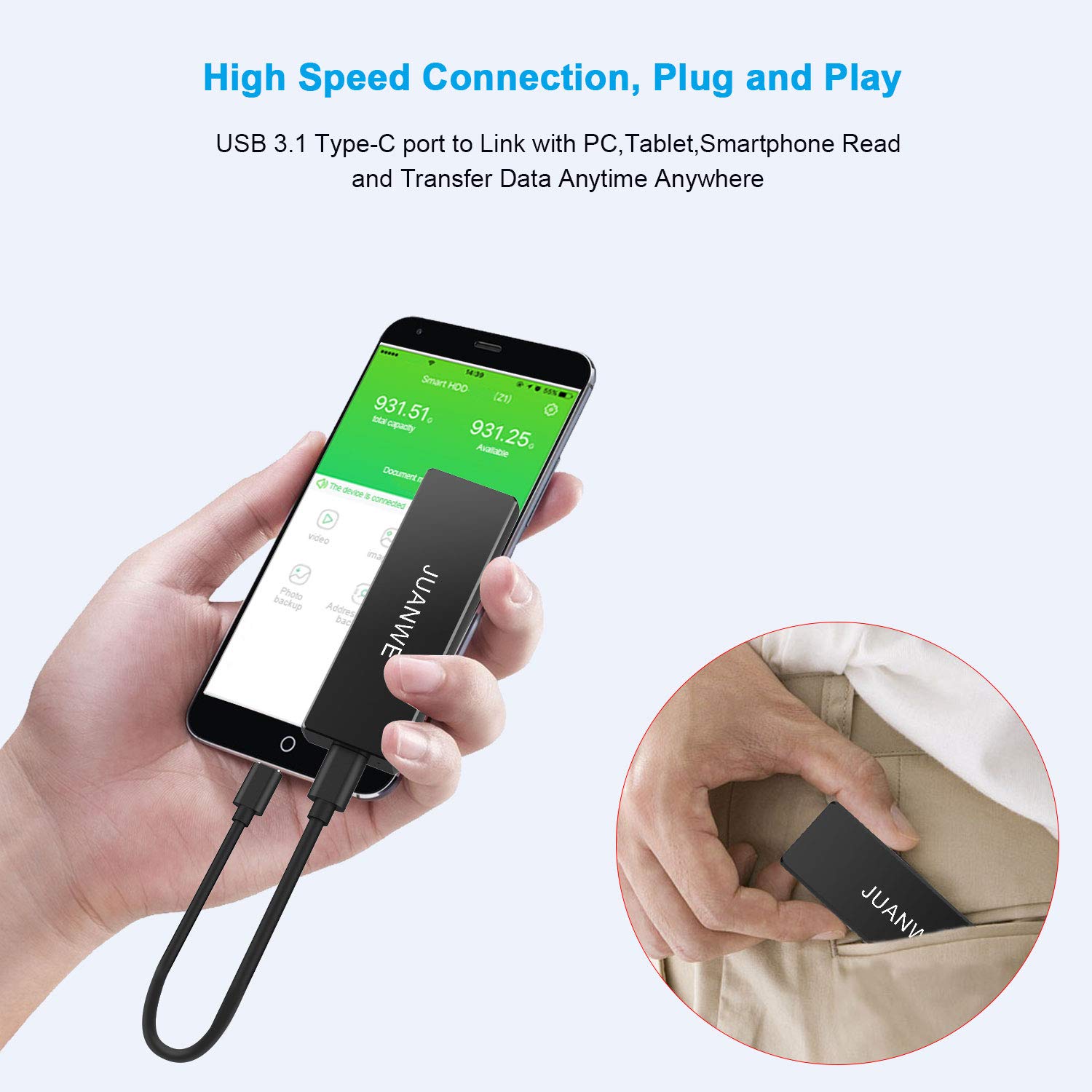 JUANWE 250GB External SSD, USB 3.1 500MB/s High-Speed Read Write Portable Aluminum SSD External Hard Drive, Type-C PSSD for PC/Laptop/Mac/Android,Mobile External Solid State Drive
