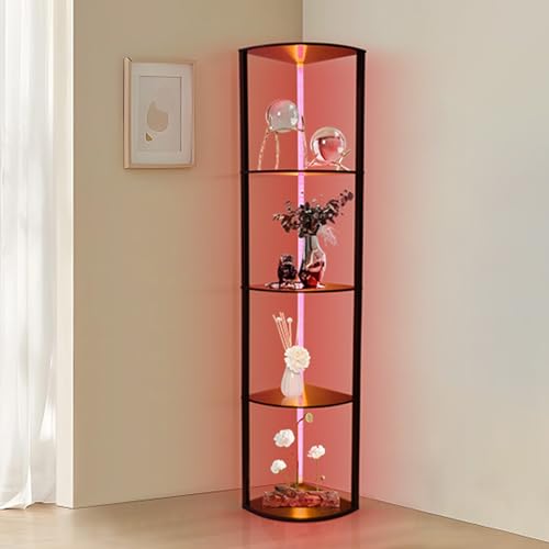 XIIW 5 Tiers Corner Shelf with Light, RGB LED Corner Bookshelf Standing Floor Lamp via App and Remote Control, Modern Corner Display Cabinet with Storage Rack for Living Room Bedroom Home