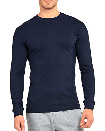 Mens Thermal Long Sleeve Underwear - Cold Weather Waffle Undershirt Mid Weight Crew Neck Base Layer Top (Large, Navy)