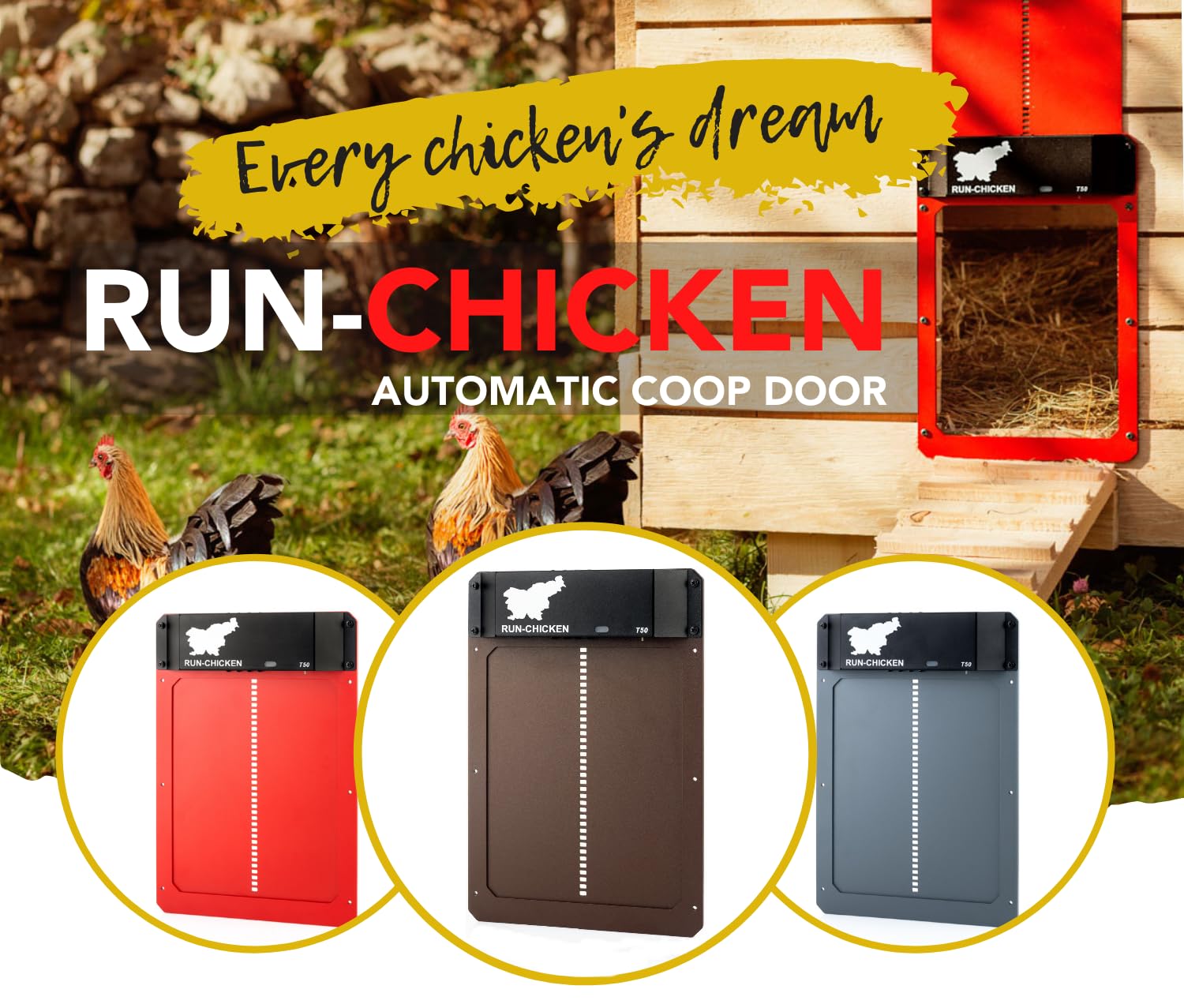 RUN-CHICKEN Door (Gray) Automatic Chicken Coop Door, Programmable with App, Battery Operated, Evening and Morning Delay, Aluminum Door, Electric Chicken Run Door, Model T50