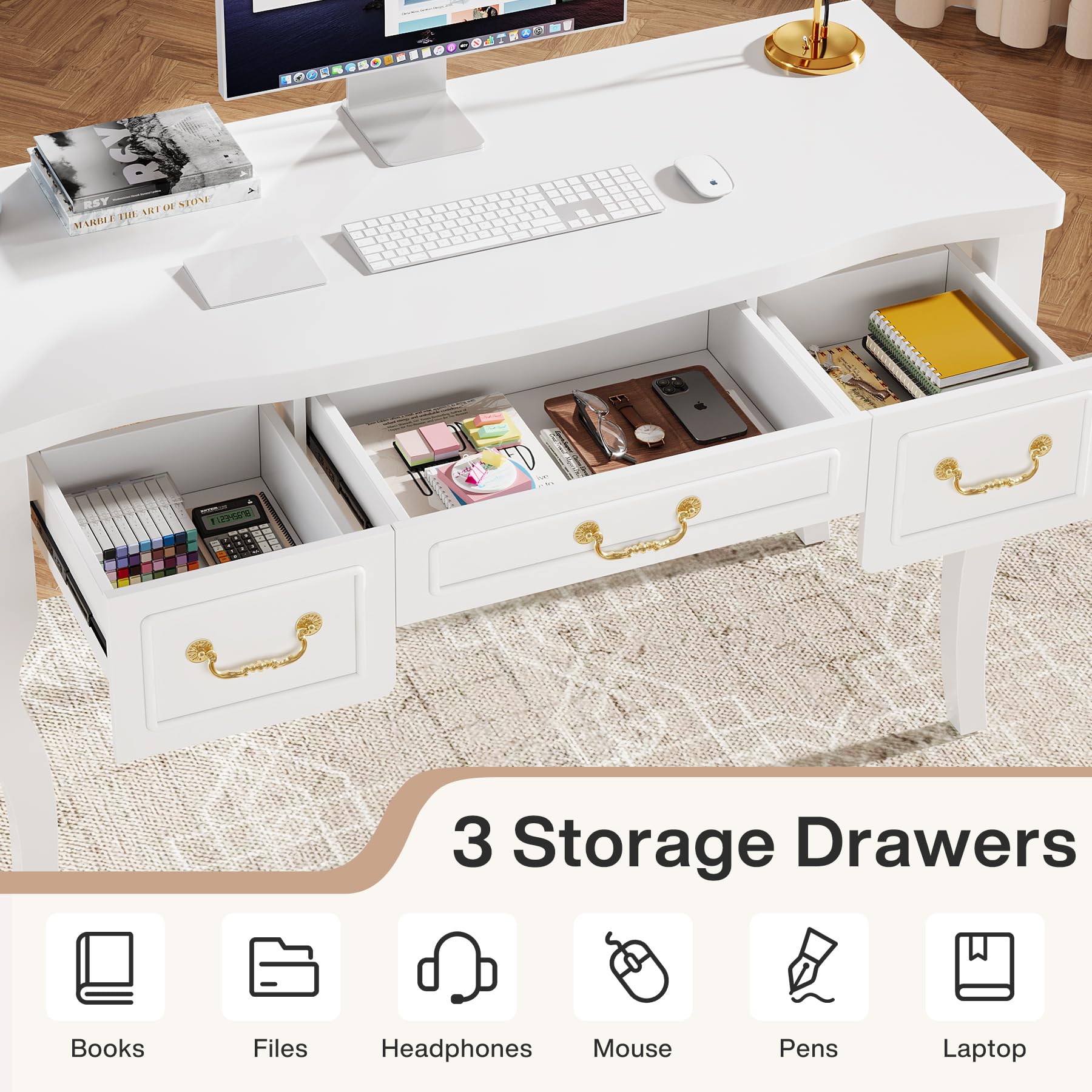 Tribesigns Computer Desk with 3 Drawers, 47-Inch White Home Office Desk with Storage, Antique Wooden Study Writing Table Workstation for Small Space