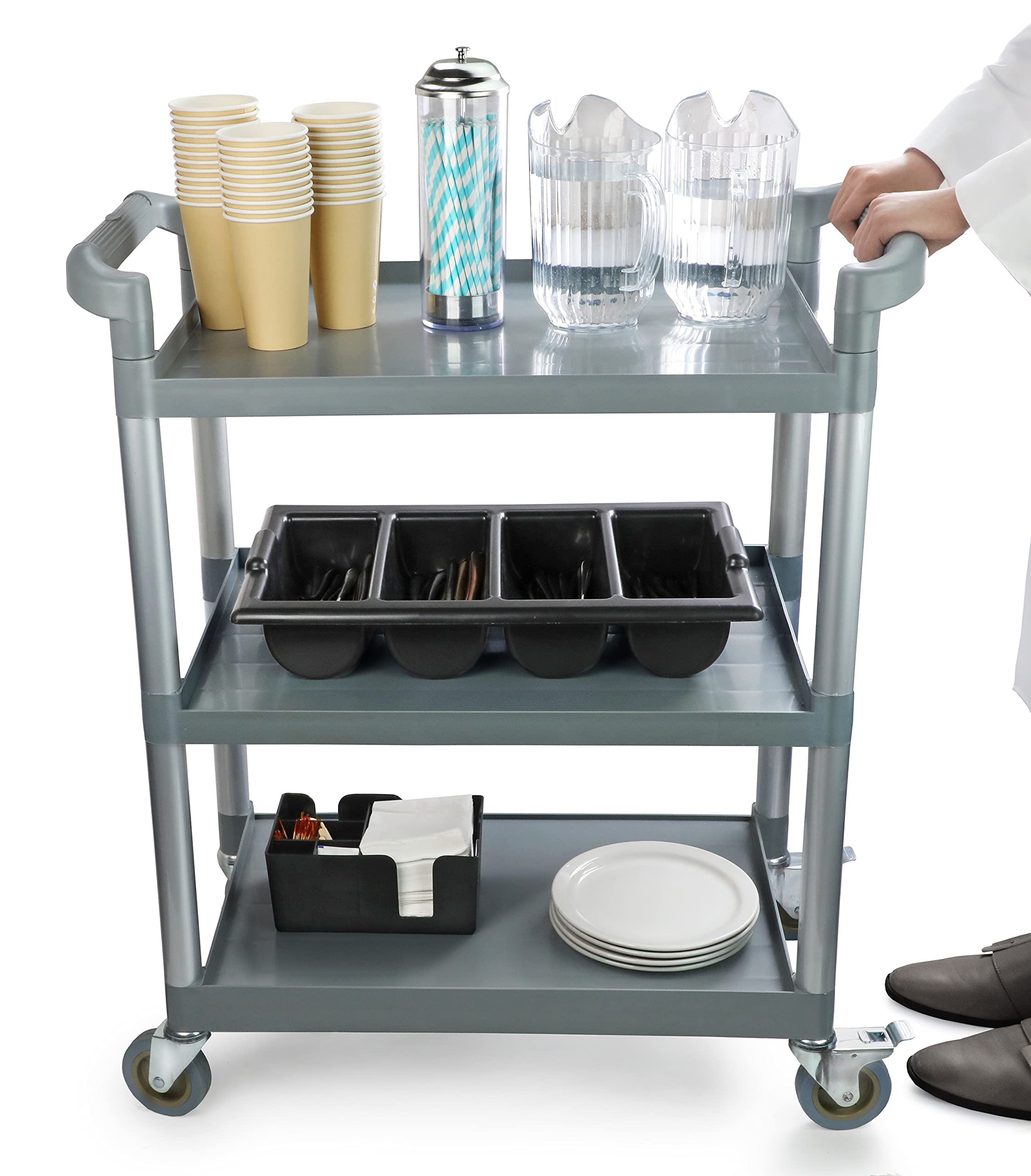 New Star Foodservice 54545 250-Pound Plastic 3-Tier Utility Bus Cart with Locking Casters, 32" x 16" x 38", Gray
