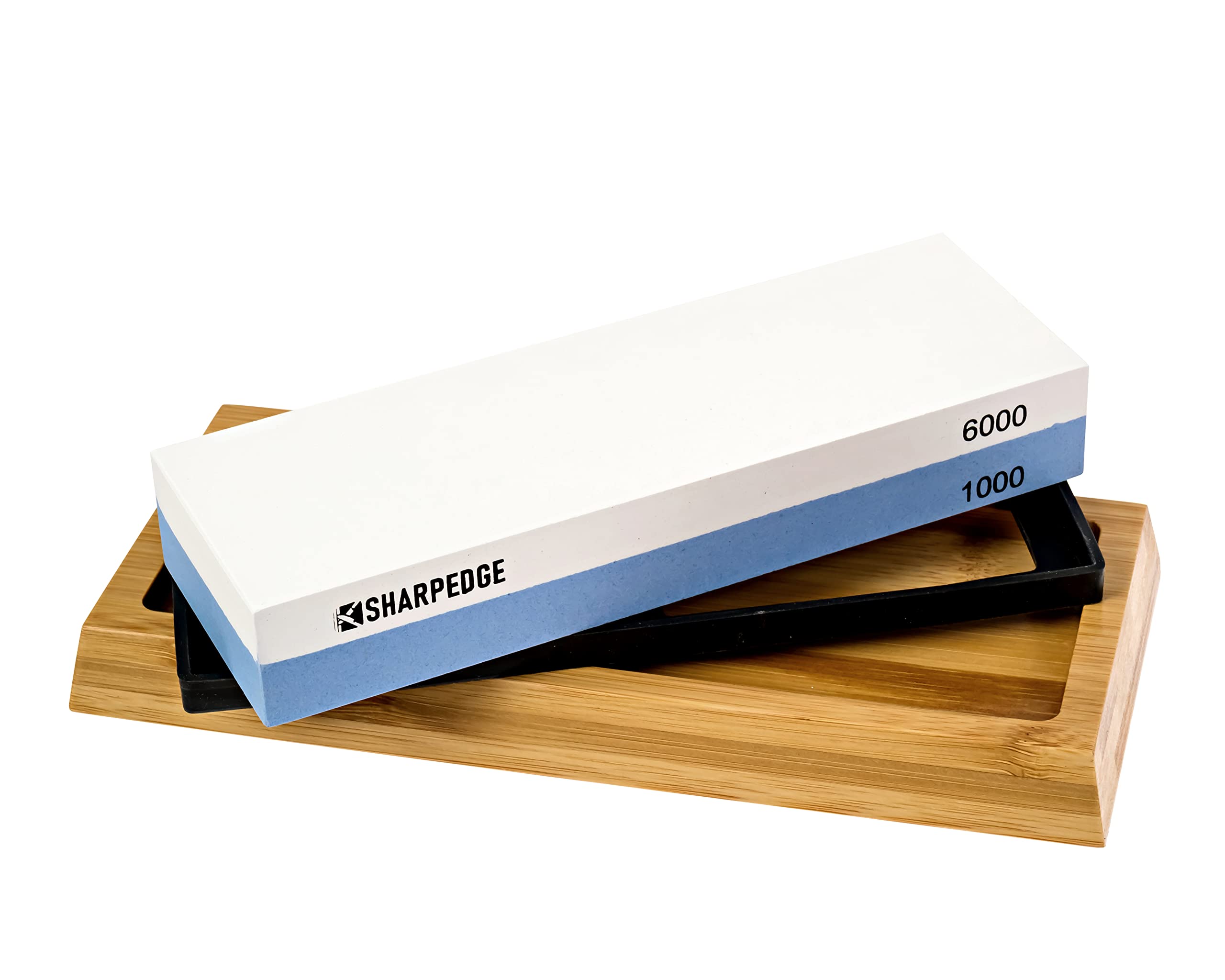 SharpEdge Premium Whetstone Knife Sharpening Stone Two Side Grit 1000/6000 Waterstone Knife Sharpener Non Slip Bamboo Base & Angle Guide
