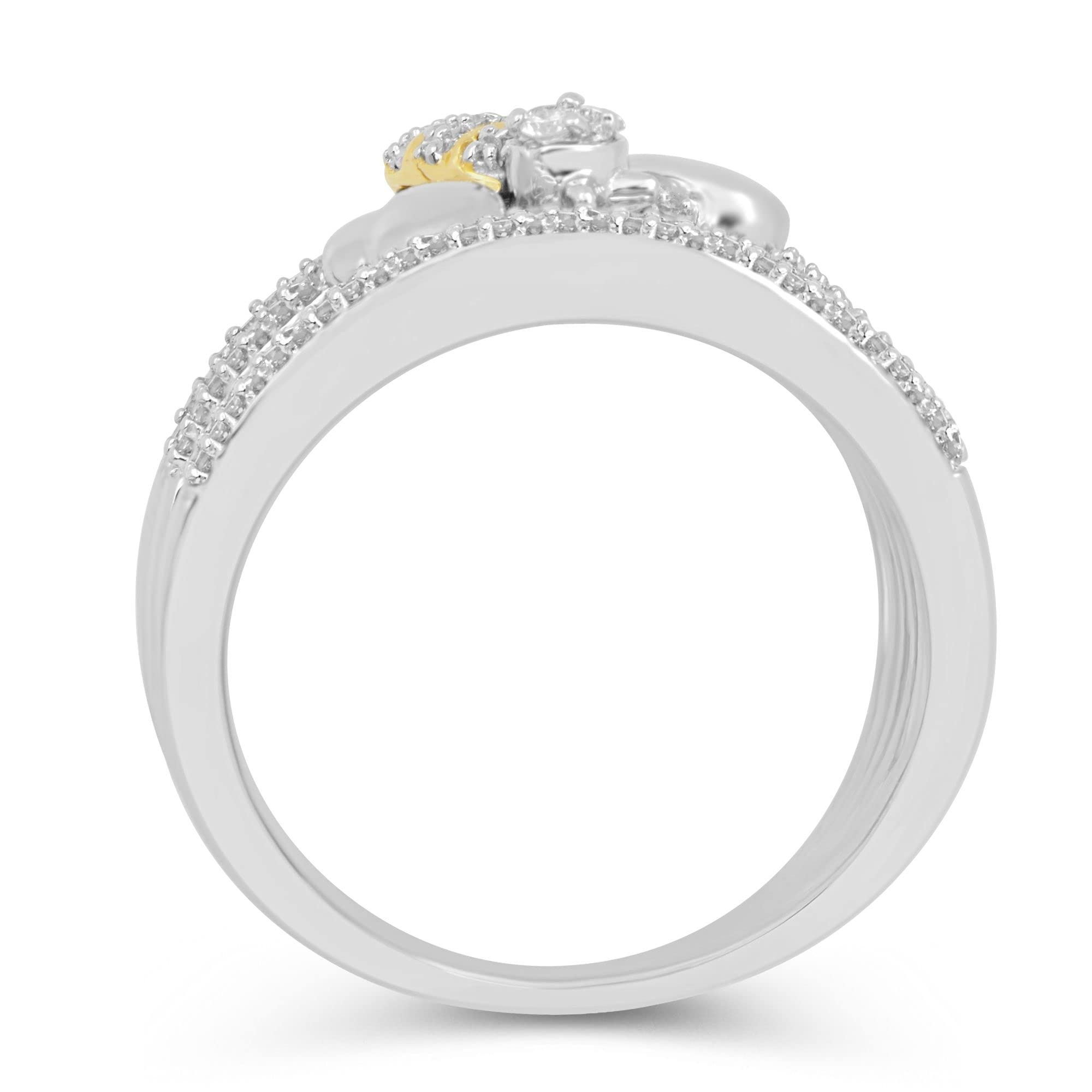 Jewelili Sterling Silver and 10K Yellow Gold 1/5 Cttw Natural White Round Diamonds Bee Band Ring, Size 7