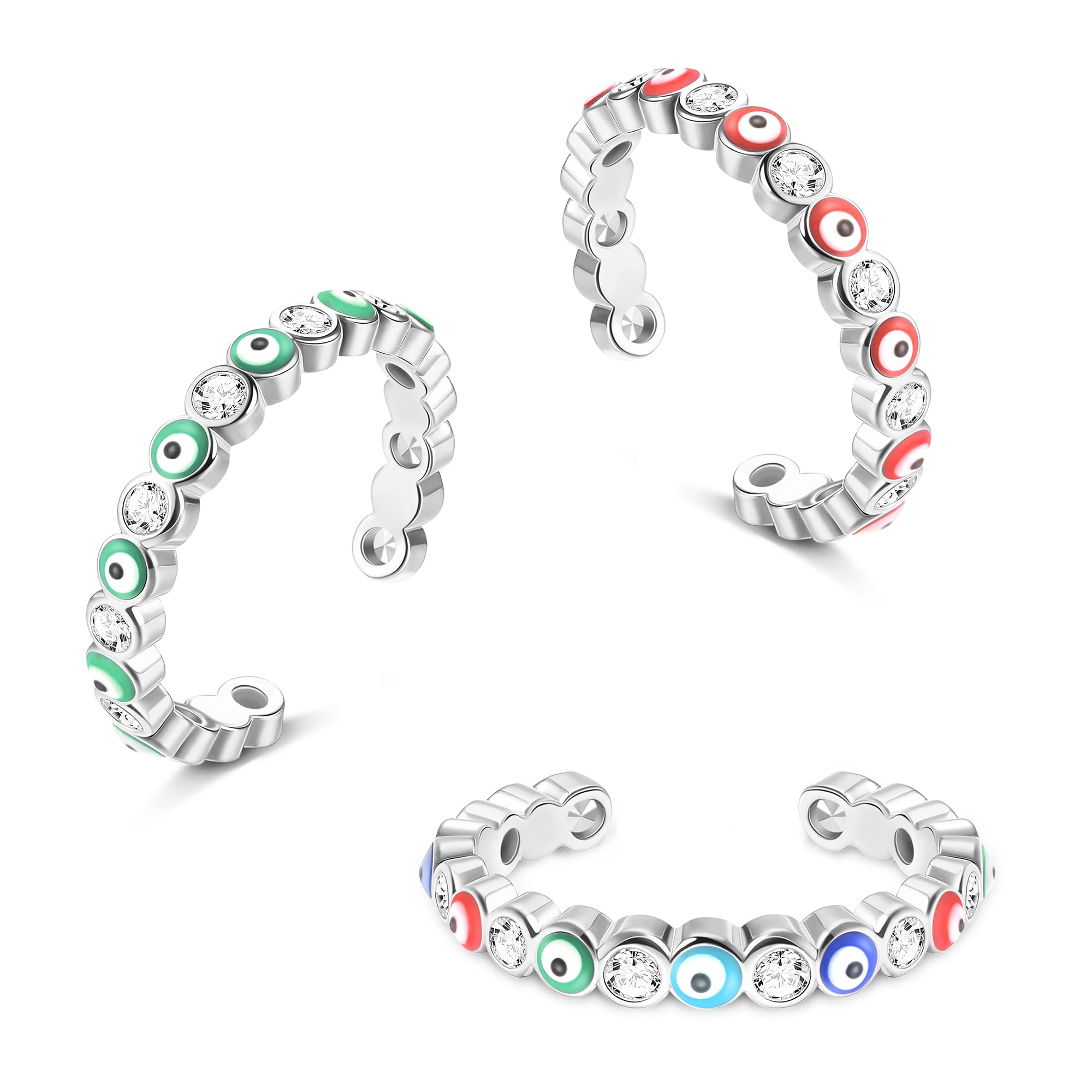 MUSECLOUD 14K Gold Plated Evil Eye Ring for Women 3PCS White Gold Plated Eye Ring Set Adjustable Stackable Rings Minimalist Protection Jewelry (Silver)