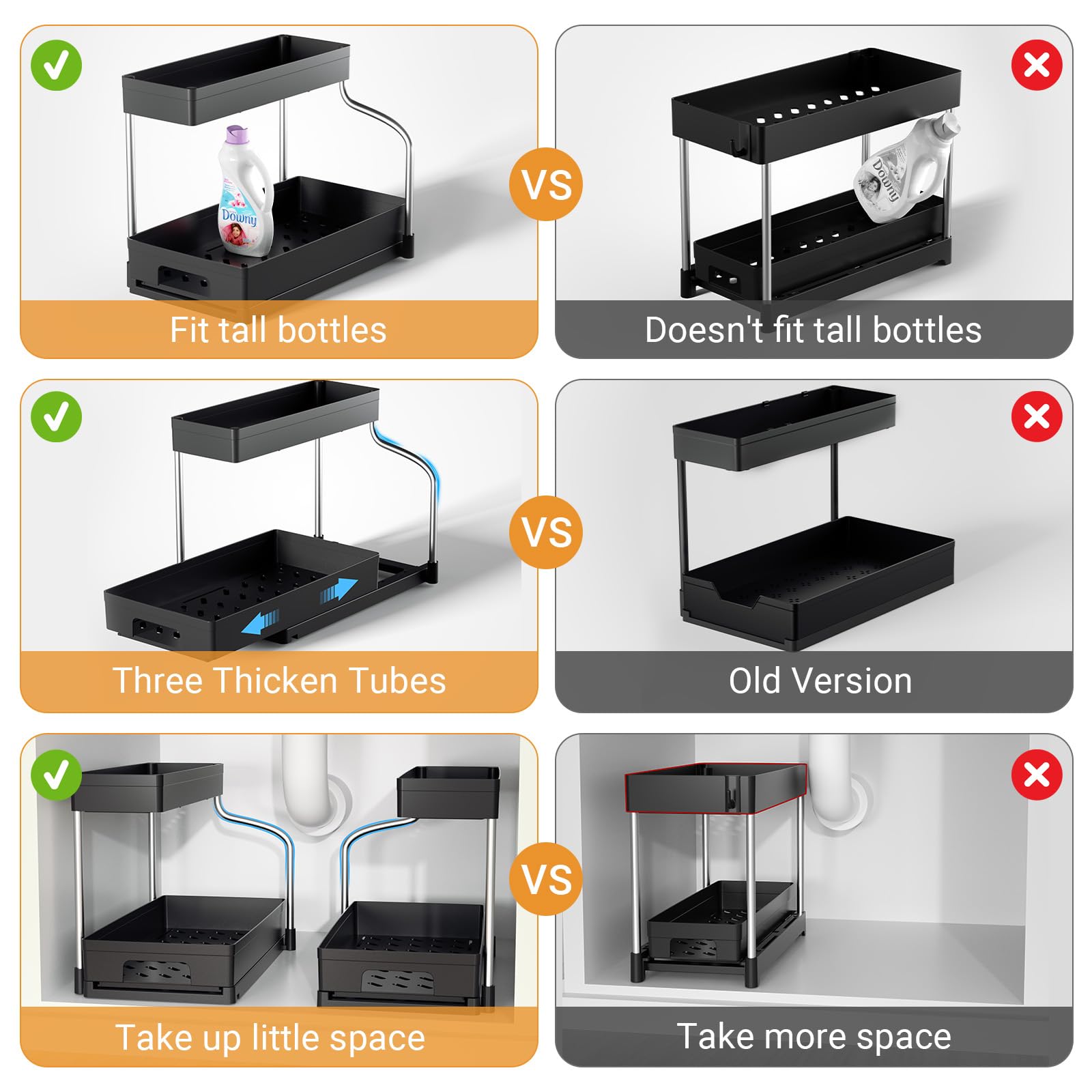 KOOTETA 3 Pack Under Sink Organizer, 2 Tier L-shaped Sliding Under Bathroom Cabinet Organizer, Multi-Purpose Pull Out Under Sink Organizers and Storage for Kitchen