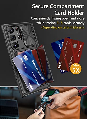 Vihibii Case with Card Holder (4 Cards) & Sliding Camera Cover & Kickstand, Shockproof Rugged Hard Back & TPU Edge Wallet Case for Samsung Galaxy S23 Ultra 5G 6.8" 2023 , Black