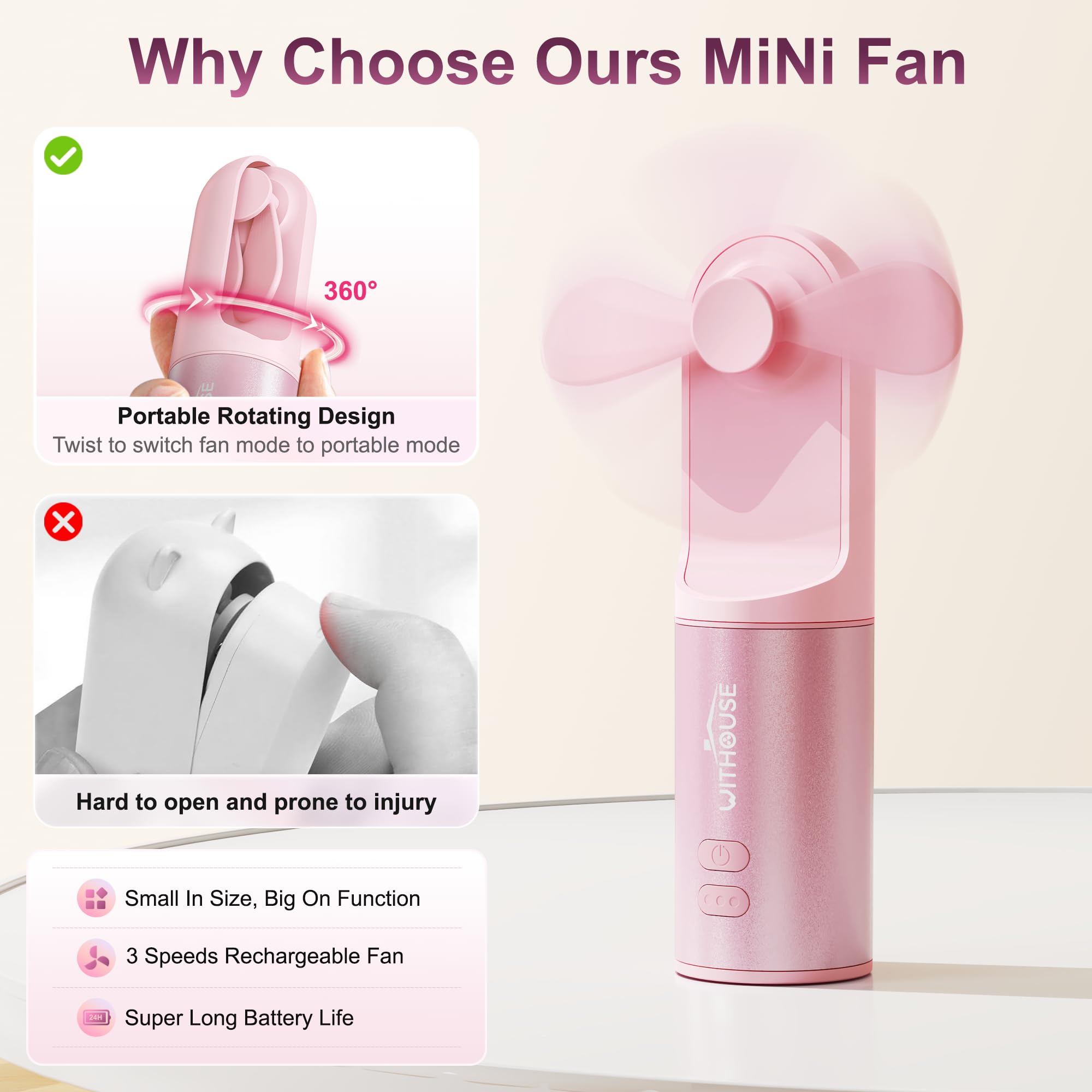Portable Handheld Mini Fan, 4 in 1 Rechargeable Usb Fan, Small Hand Fan,Personal Desk Fan with Power Bank, Hand Warmer,Flashlight for Travel Camping