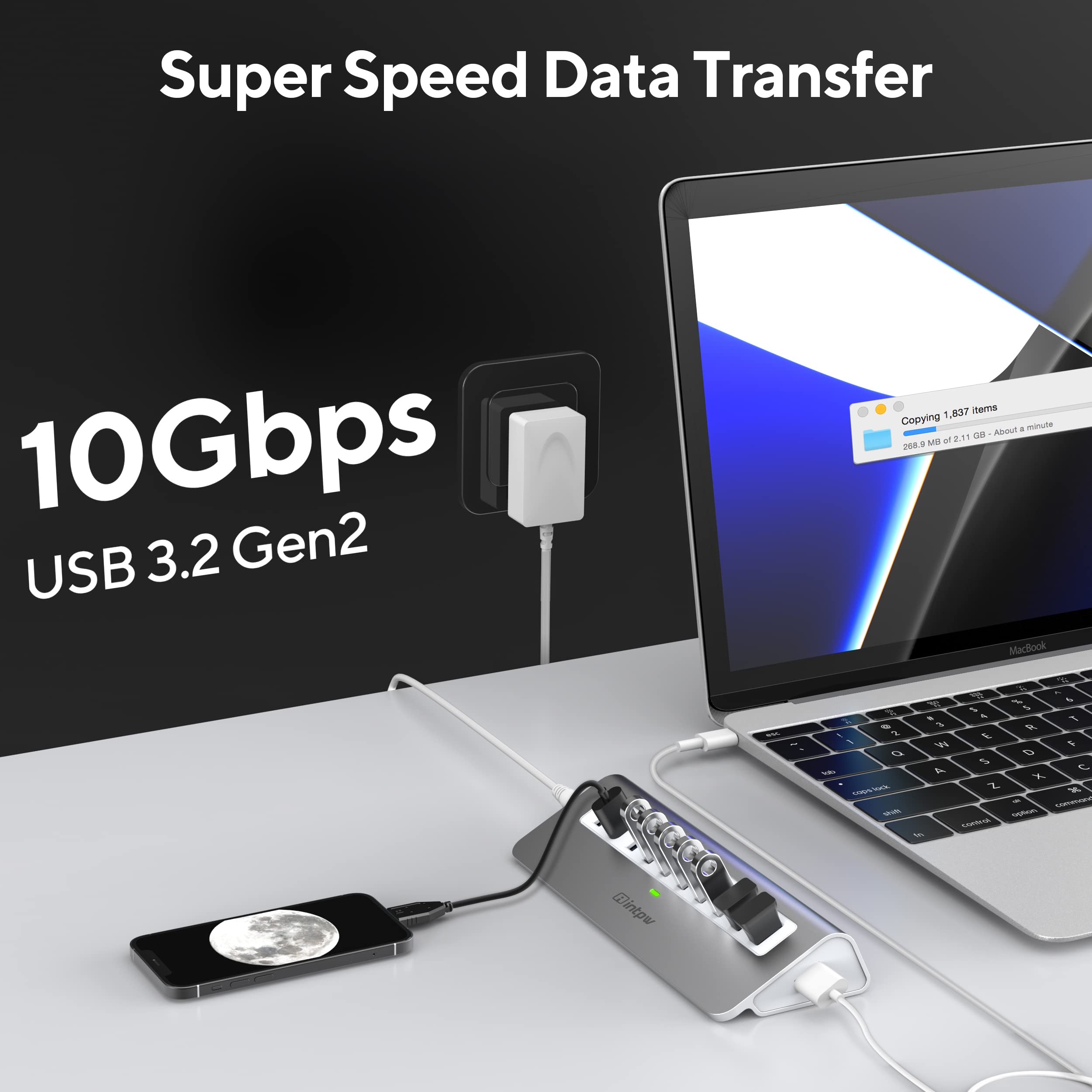 Powered USB Hub,10 Port USB 3.1/3.2 Gen 2 Hub 10Gbps 36W (12V/3A) Power Adapter, 7X 10Gbps USB Data Ports,1x QC 3.0, 2 x 2.4A Fast Charging Ports USB Port Hub Splitter for Laptop and PC