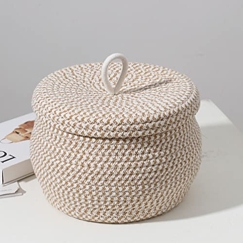 Woven Baskets Woven Wastebasket Cotton Rope Trash Can Tabletop Garbage Cans Wicker Waste Basket with Lid Decorative Countertop Container for Laundry Utility Home Office Decor