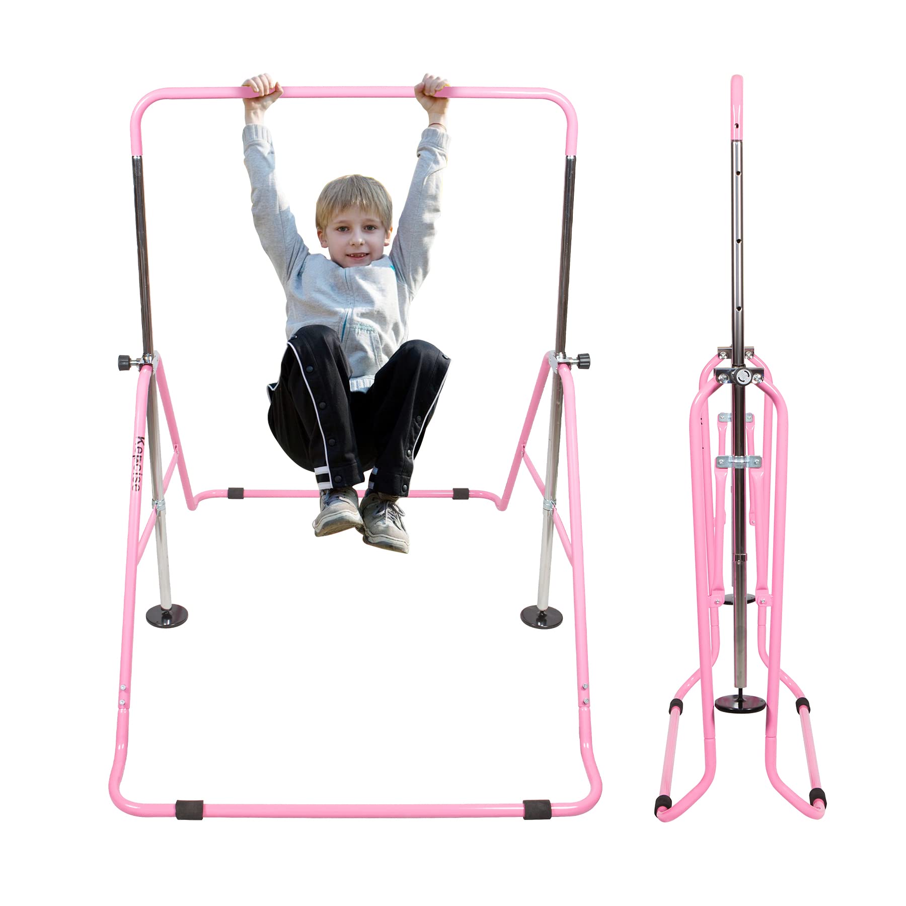 Kepcise Expandable Gymnastics Bar, Folding Horizontal Kip Bar with 3 to 4.2 FT Adjustable Height, Home Indoor Training Monkey Bar Equipment with Triangular Structure for Kids Gymnasts Beginner(Pink)