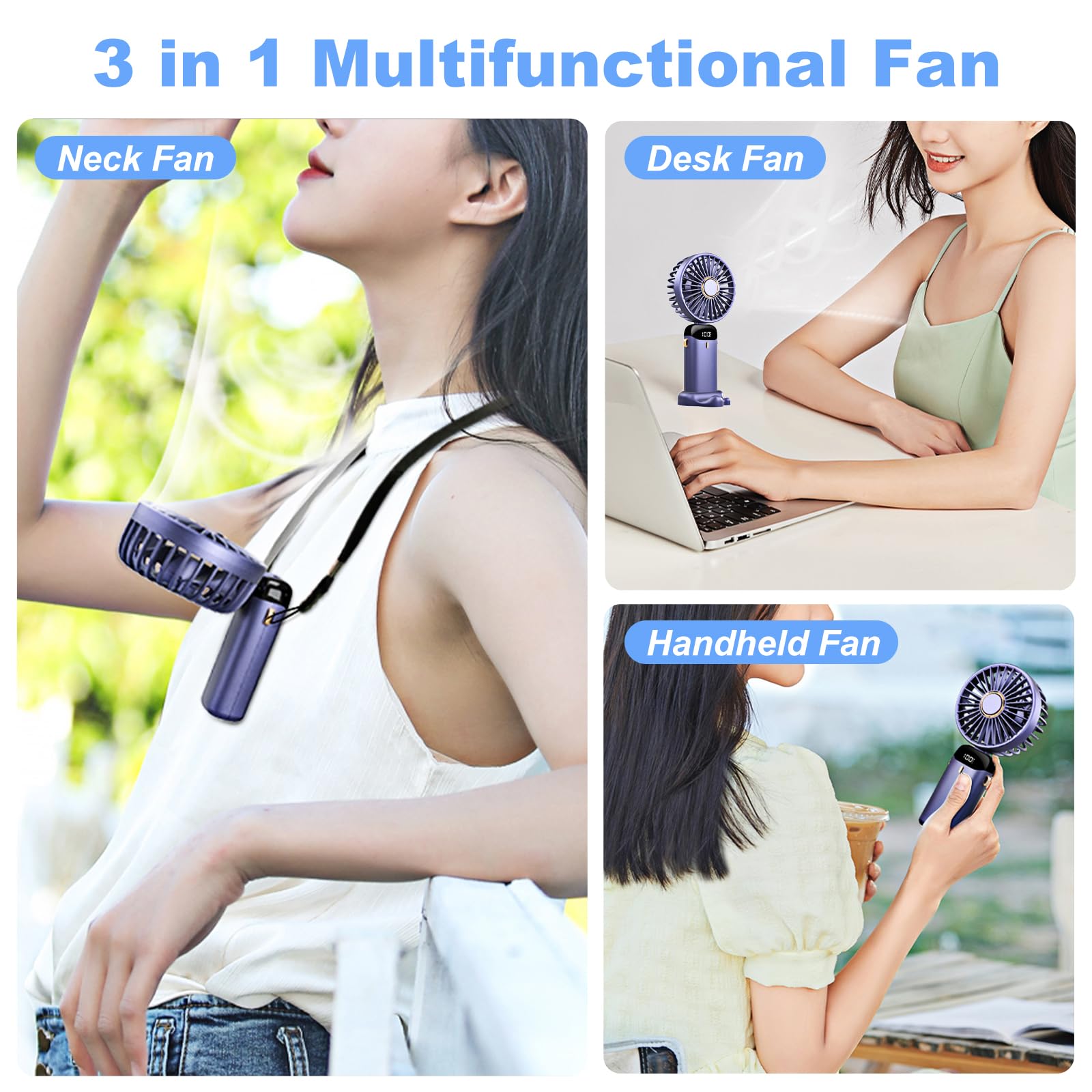Portable Handheld Fan, Type-C Rechargeable, 4000mAh Battery Operated Fan with LED Display, 90° Foldable , 5 Speed Wind,Handheld/Neck/Desk 3 in 1 Personal Small Fan, Makeup Fan for Women (Purple)