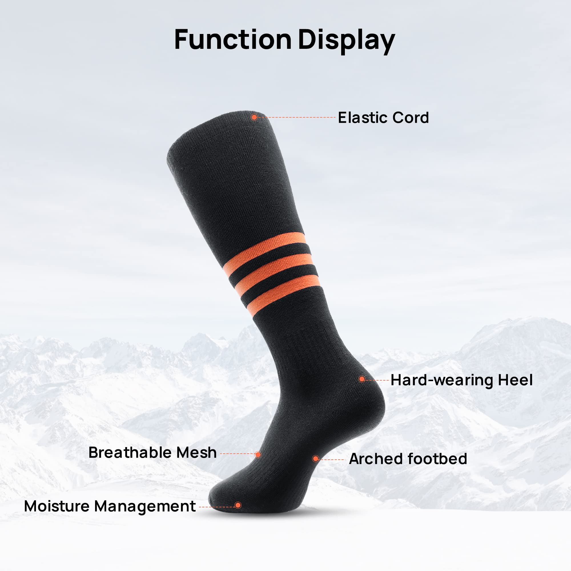 MARYSTI Winter Ski Socks, 1 Pair, for Skiing, Snowboarding, Outdoor Sports Socks - Black & Orange XL