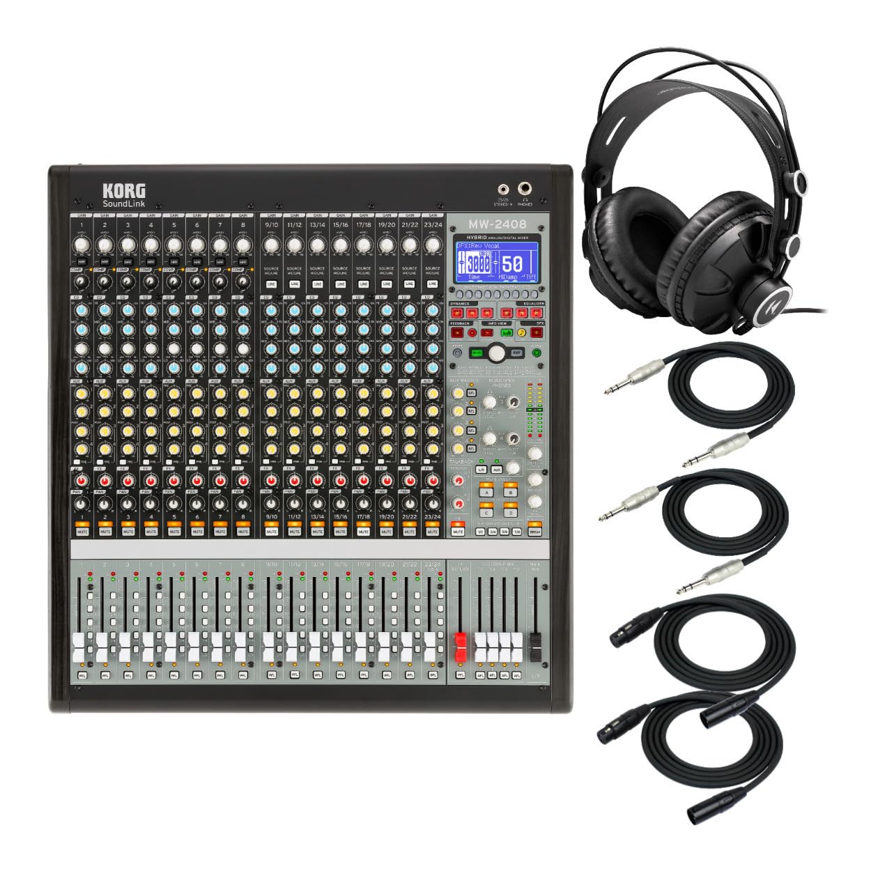 Korg SoundLink MW2408 24-Channel 8-Bus Hybrid Analog/Digital Mixer Bundle with Knox Gear Closed-Back Headphones, XLR Cables, and 1/4-Inch TRS Cables (6 Items)