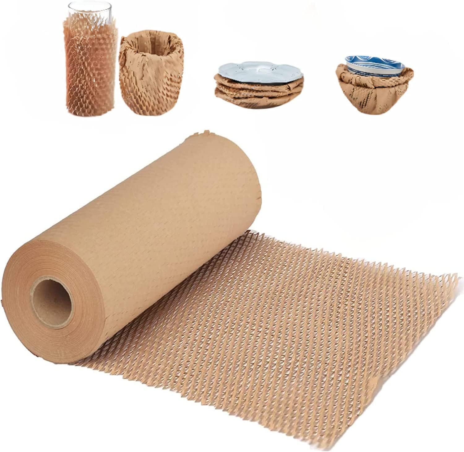 Honeycomb Packing Paper, 15"x200' Honeycomb Cushioning Bubble Wrap Paper Roll for Moving Shipping Breakables Packaging Gifts with 20 Fragile Sticker Biodegradable & Fully Recyclable Brown Kraft